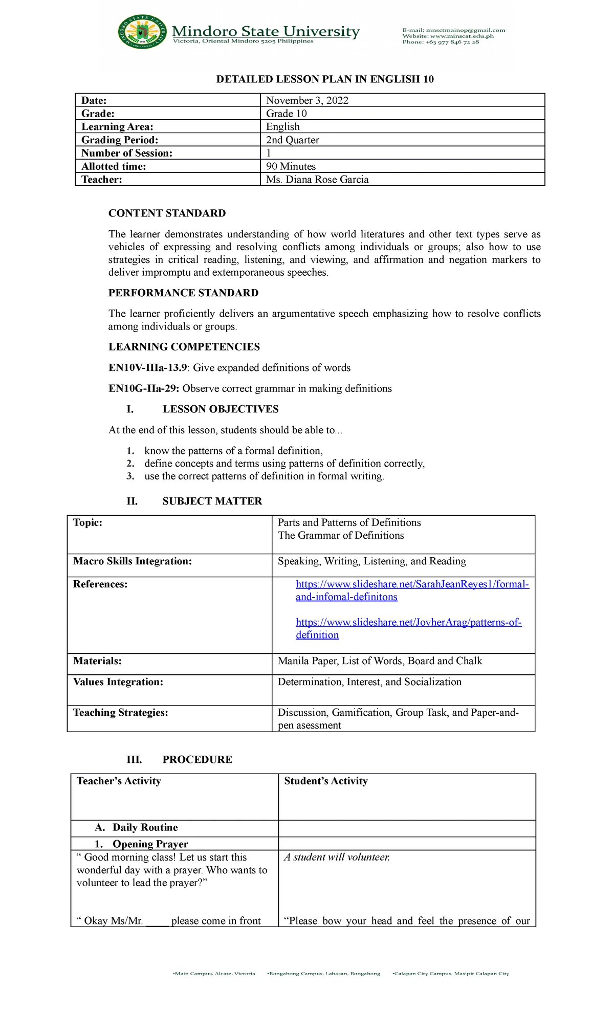 Lesson PLAN IN English 10 (November 2, 2022) - DETAILED LESSON PLAN IN ...