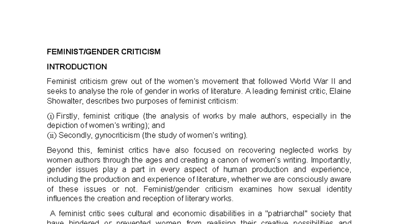 Feminist Criticism Overview: Key Concepts and Influences - Studocu