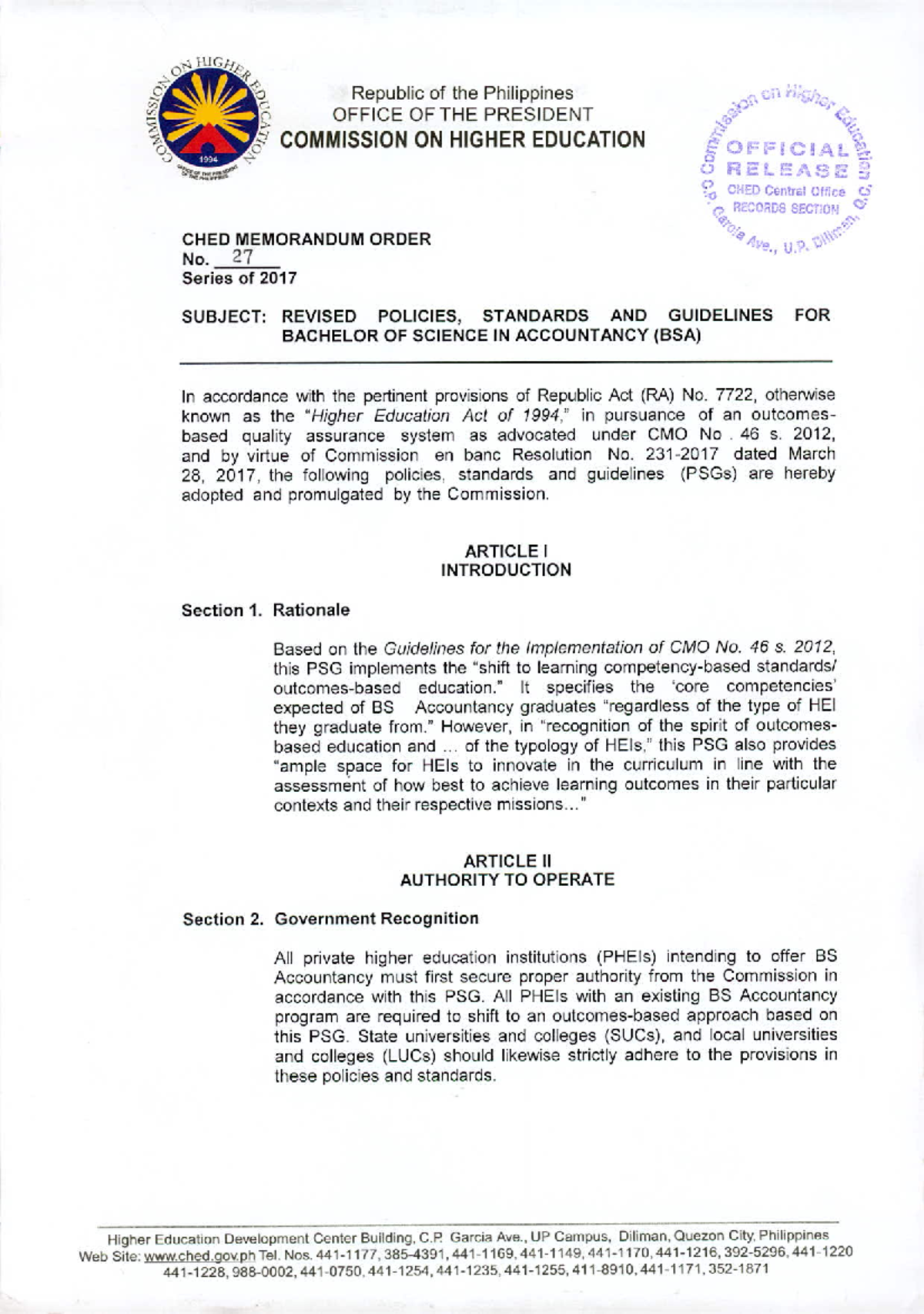 CMO 27 s 2017: CHED Curriculum Guide for BS Accountancy Program - Studocu
