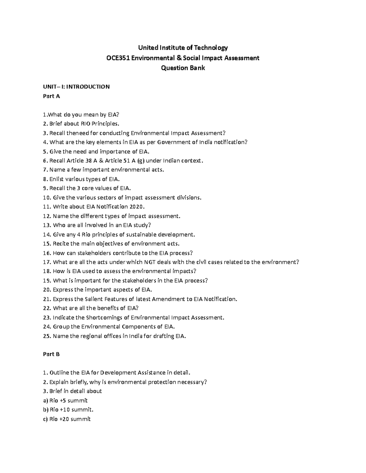 OCE351 Final Question Bank on Environmental & Social Impact Assessment ...