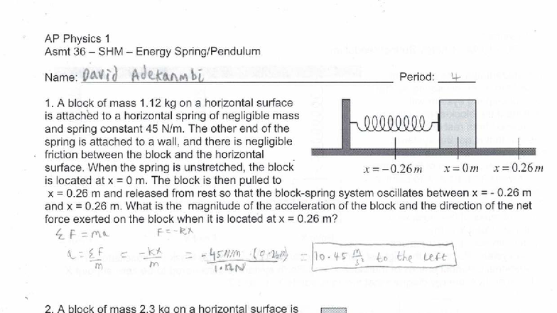 AP Physics 1 Asmt 36: SHM Energy Analysis and Calculations - Studocu