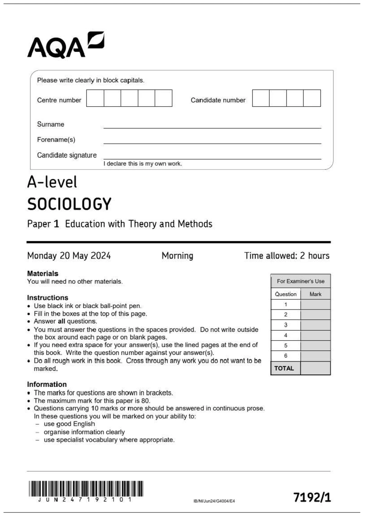 AQA A-Level Psychology Paper 1 (2024) - Exam Questions & Tips - Studocu