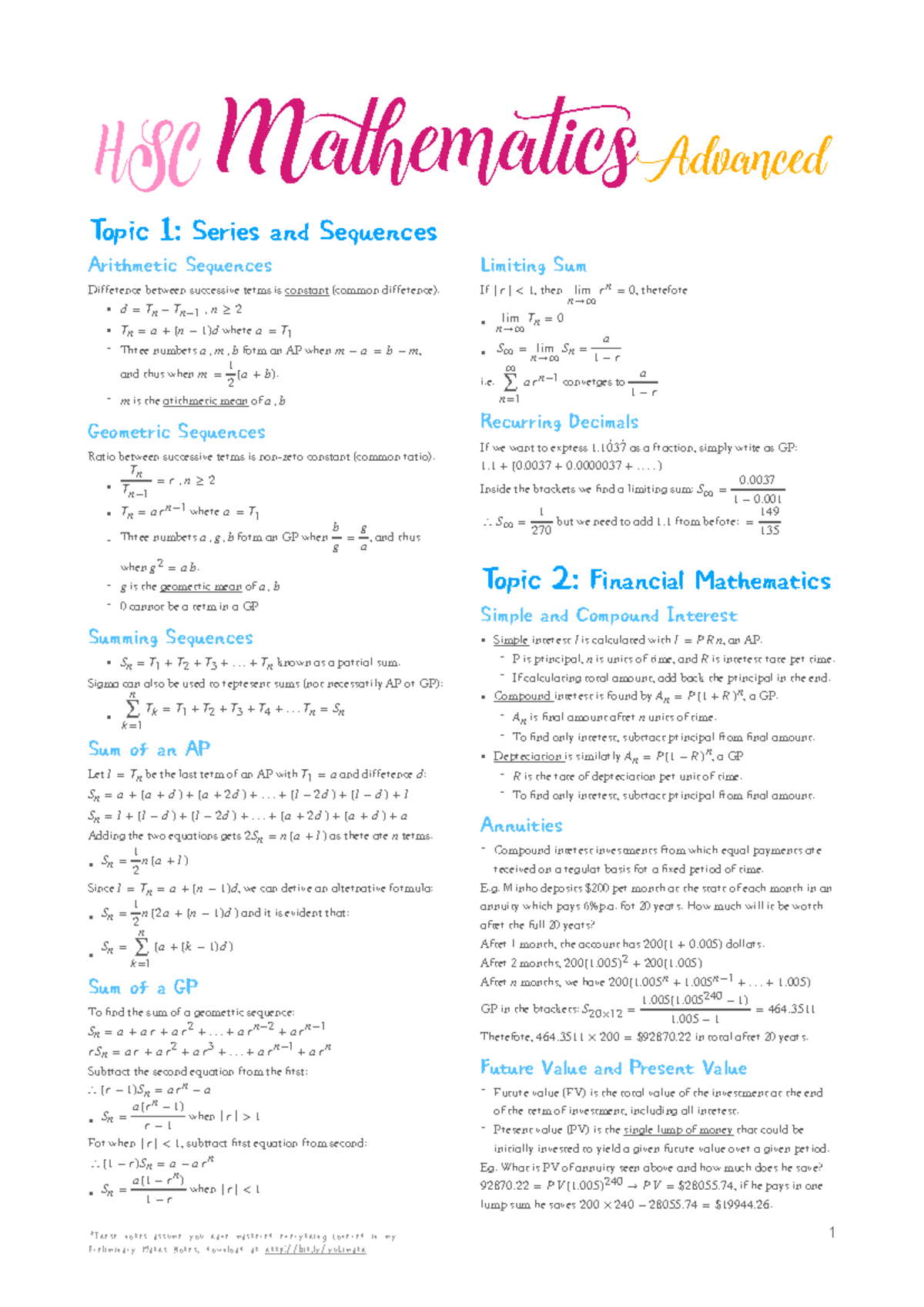 Mathematics Advanced Y12 Study Notes: Topics on Sequences & Finance ...