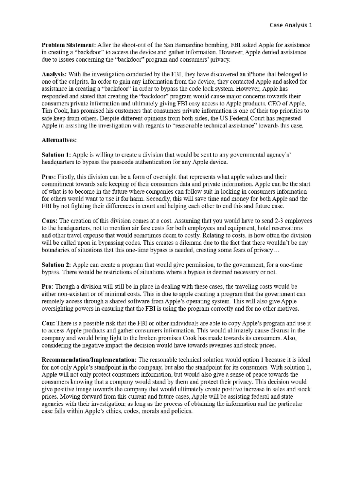 Case Study: Ethical Dilemma of Apple in FBI Investigation (Case 1 ...