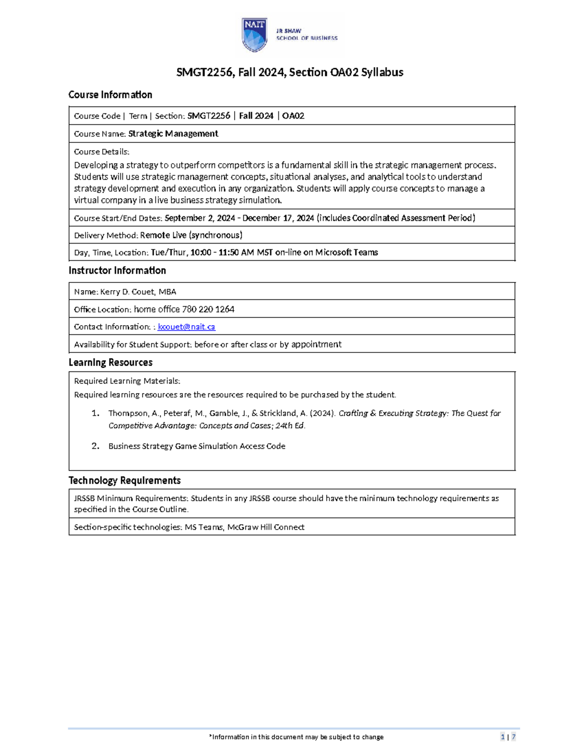 SMGT2256 OA02 Syllabus: Strategic Management Fall 2024 - Studocu