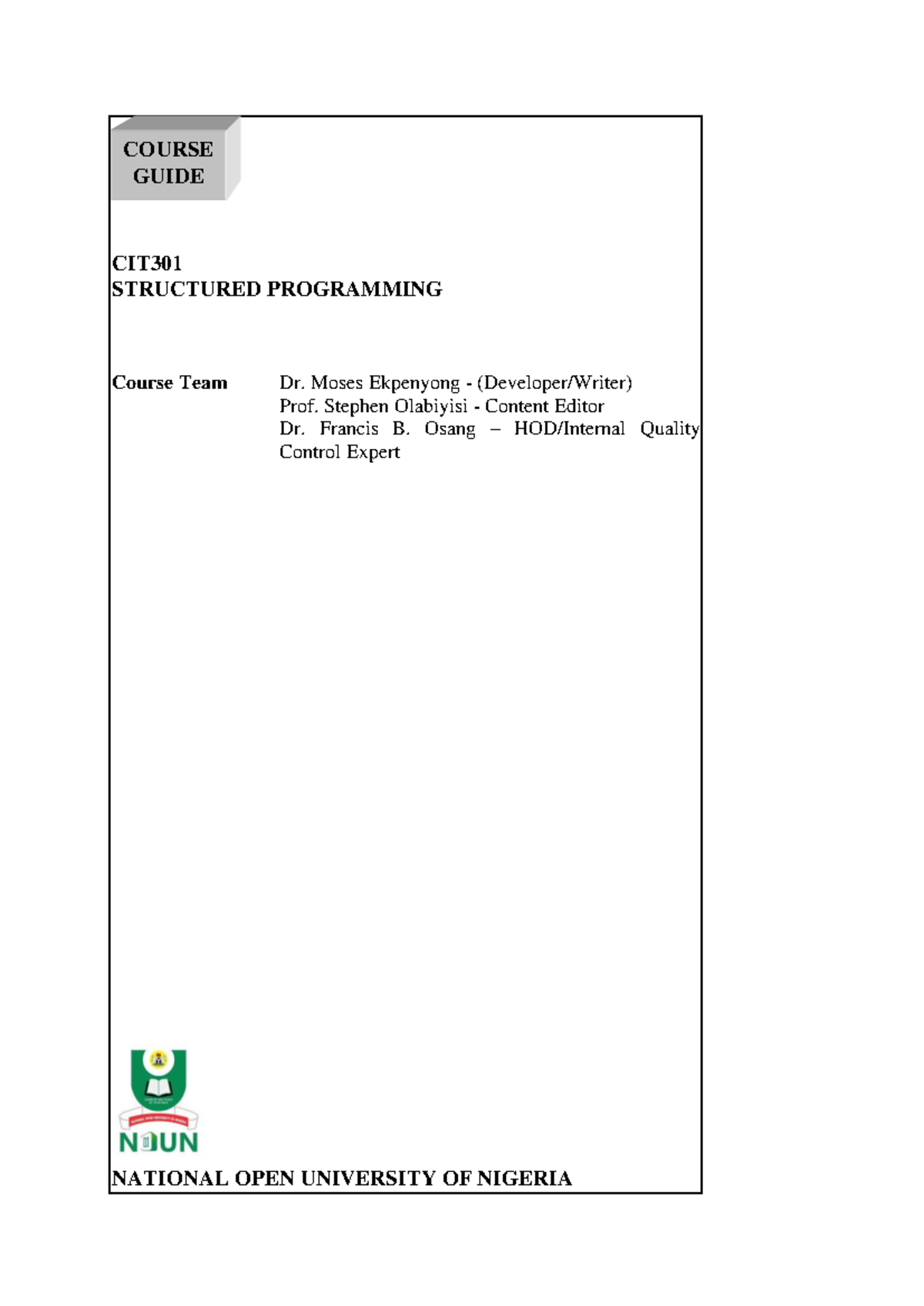 CIT301 Course Guide: Structured Programming Overview and Objectives ...