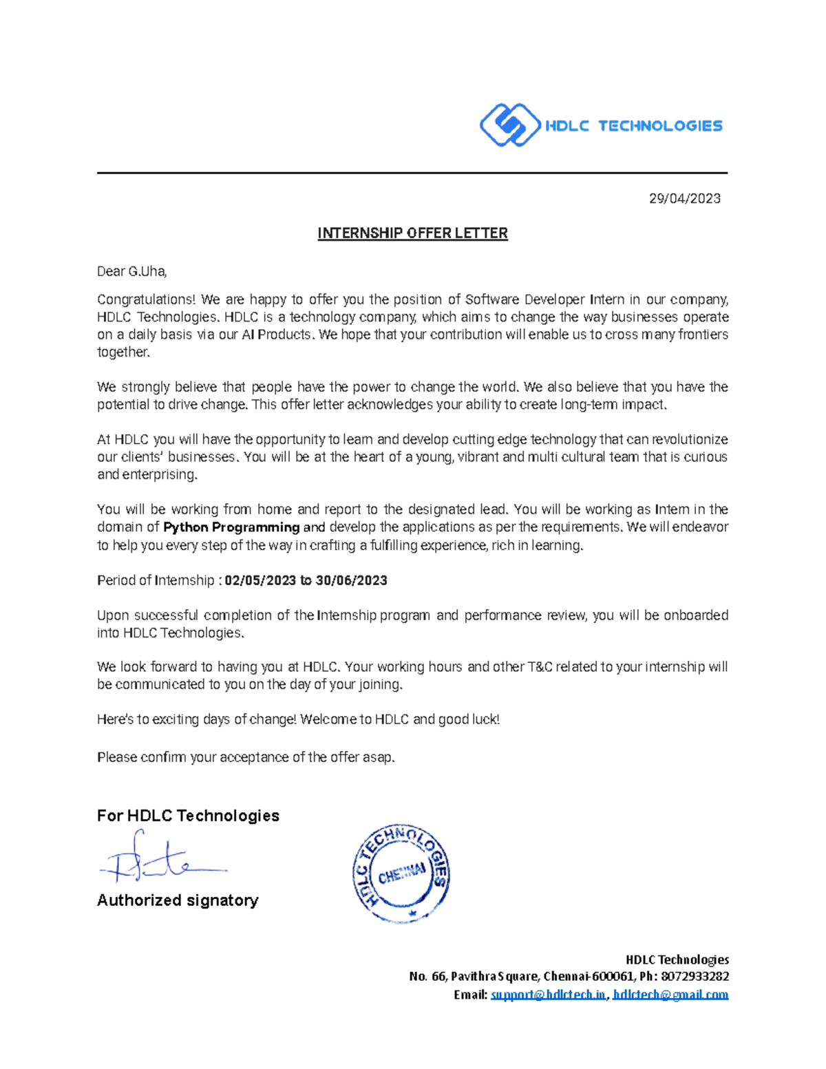 Internship Offer Letter for Software Developer Intern - G.Uha - Studocu