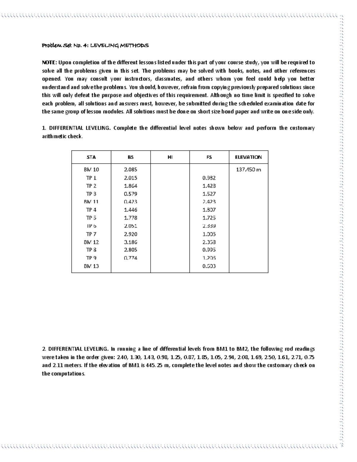 Problem Set No. 4: Differential Leveling Methods and Solutions - Studocu