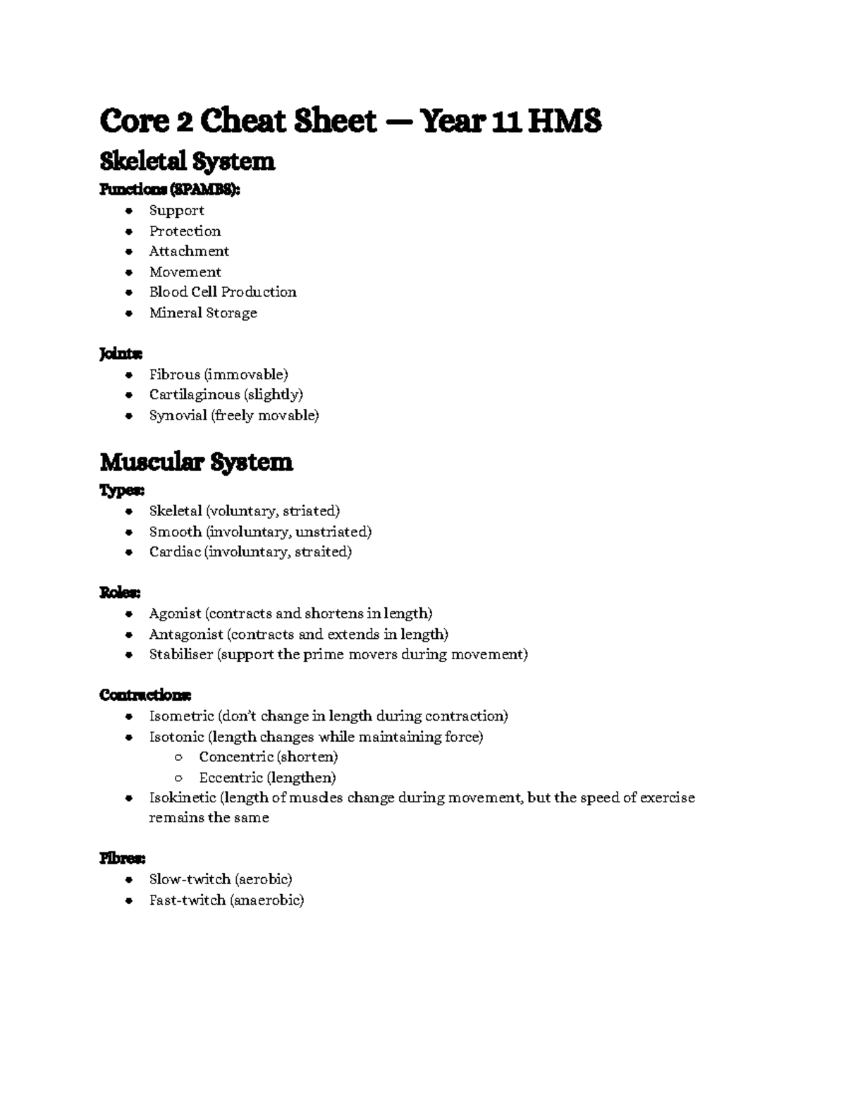 HMS Year 11 Core 2 Cheat Sheet: Skeletal & Muscular Systems - Studocu