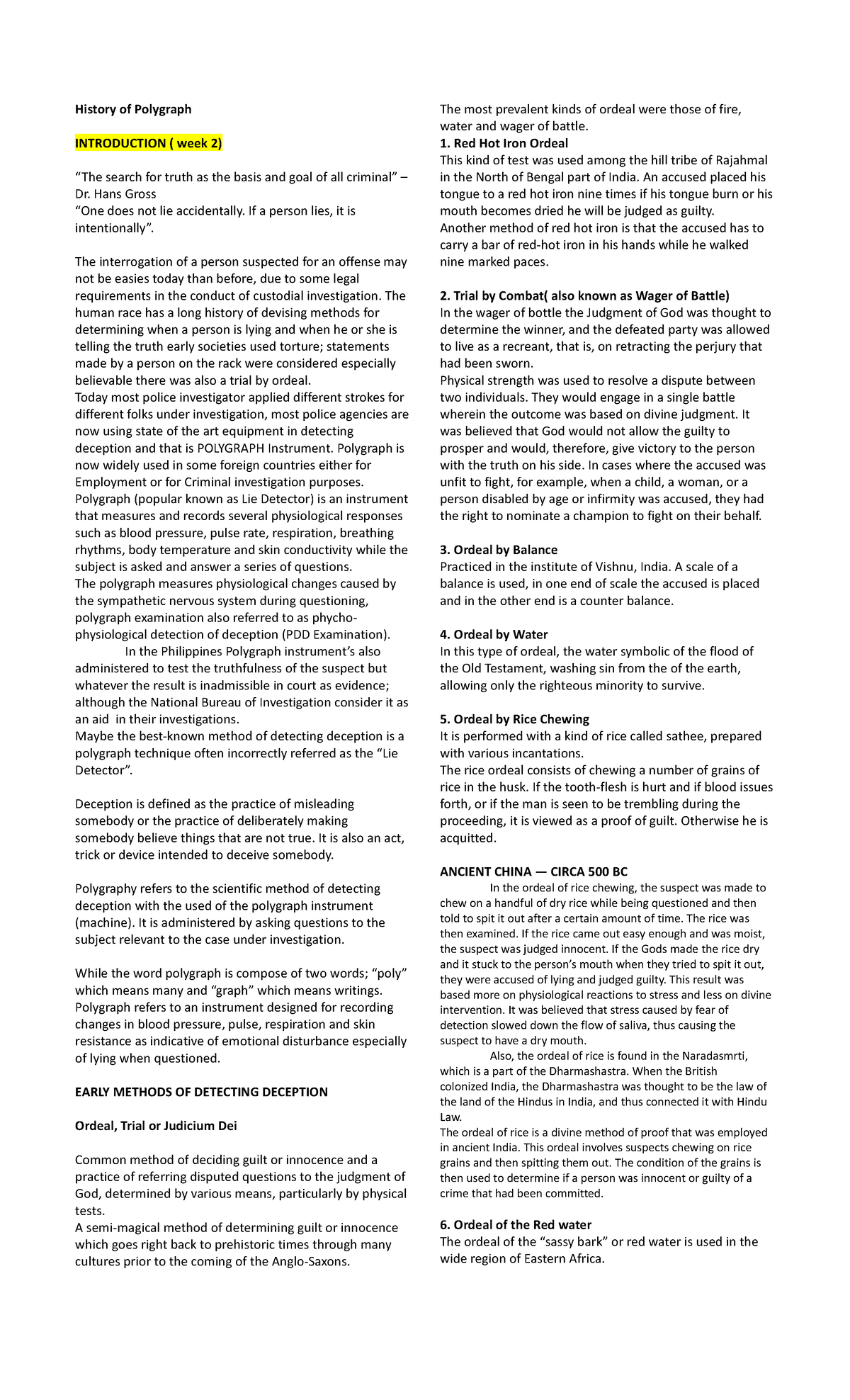 Week 2 and 3 Polygraph - Lecture - History of Polygraph INTRODUCTION ( week 2) “The search for ...