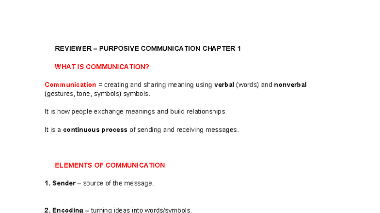REVIEWER: PURPOSIVE COMMUNICATION CHAPTER 1 - UNDERSTANDING ...