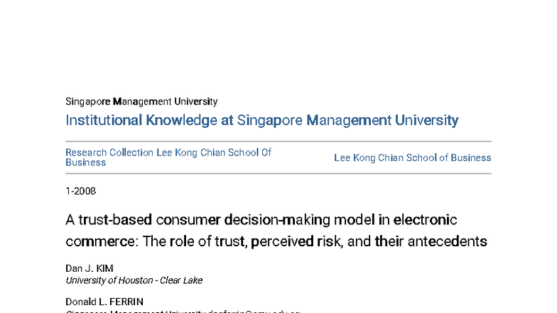 A Consumer Model in E-Commerce: Trust and Risk Analysis (BUS 2008 ...
