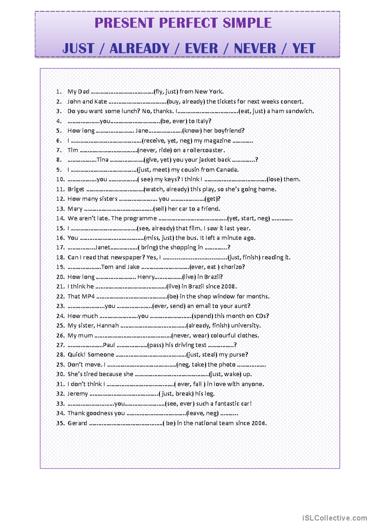 Present Perfect WITH JUST, Already, YET, Since AND FOR - PRESENT ...