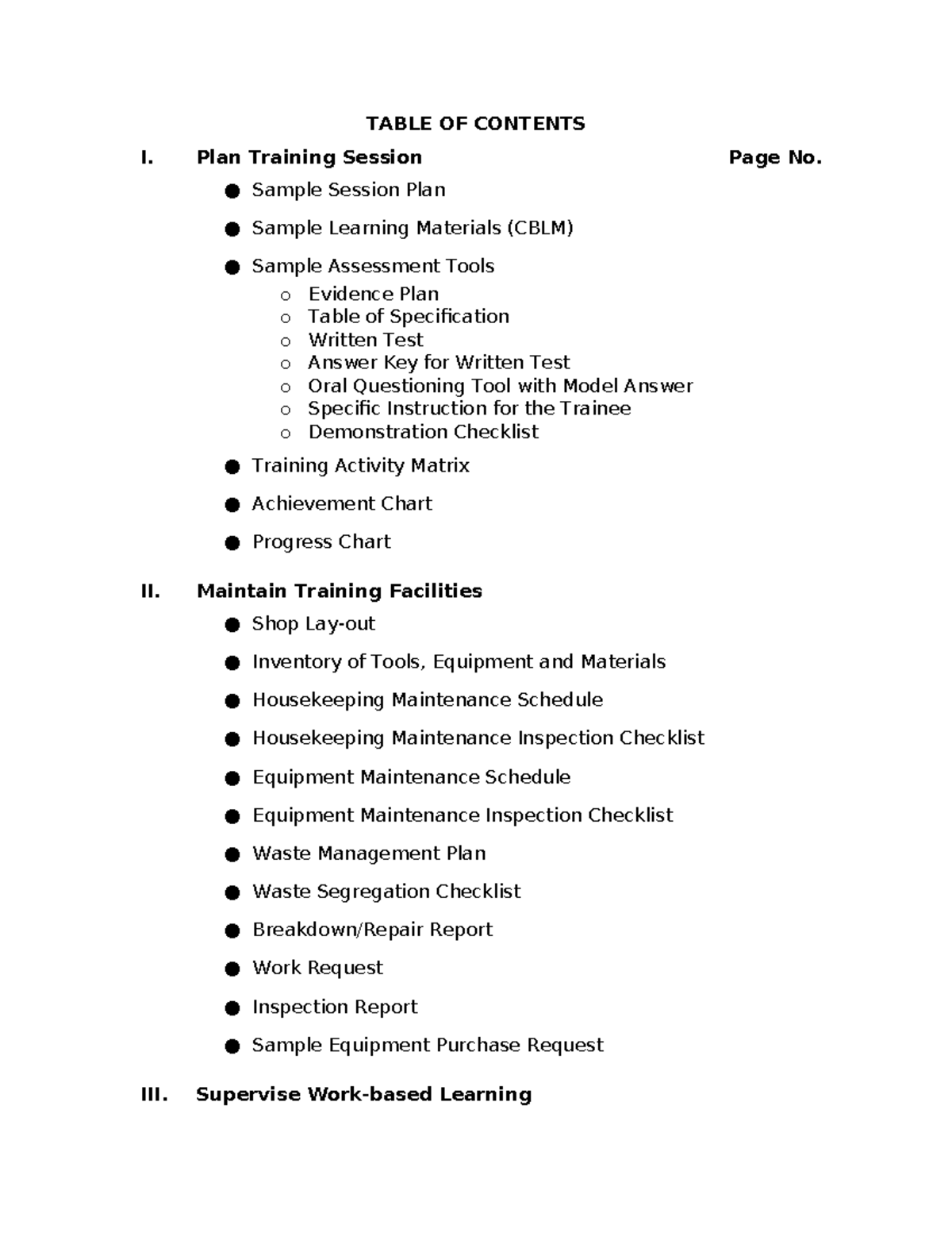Table of Contents for Training Session Plan (Lecture Notes) - Studocu