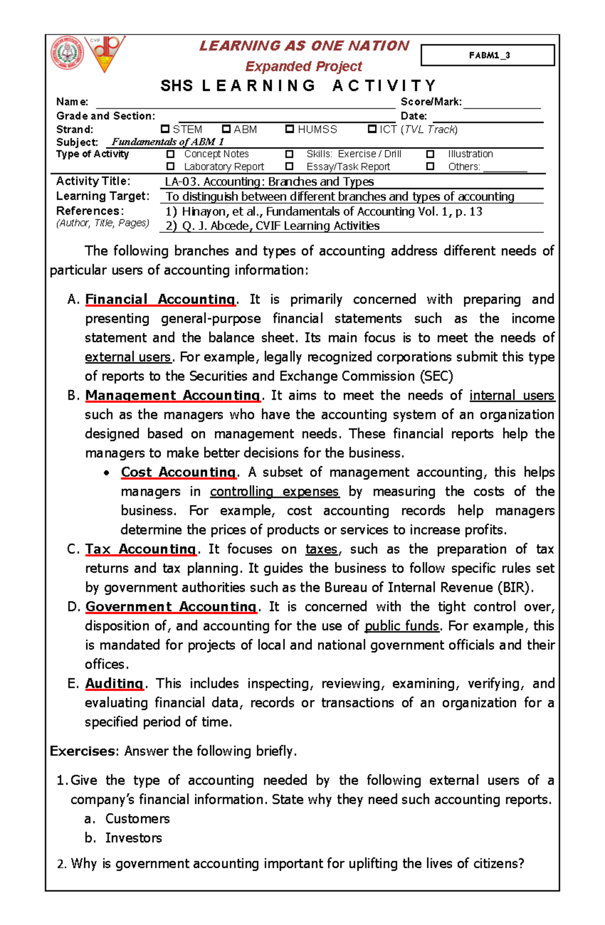 FABM1 LA 03 Concept Notes - Accounting: Branches and Types - Studocu