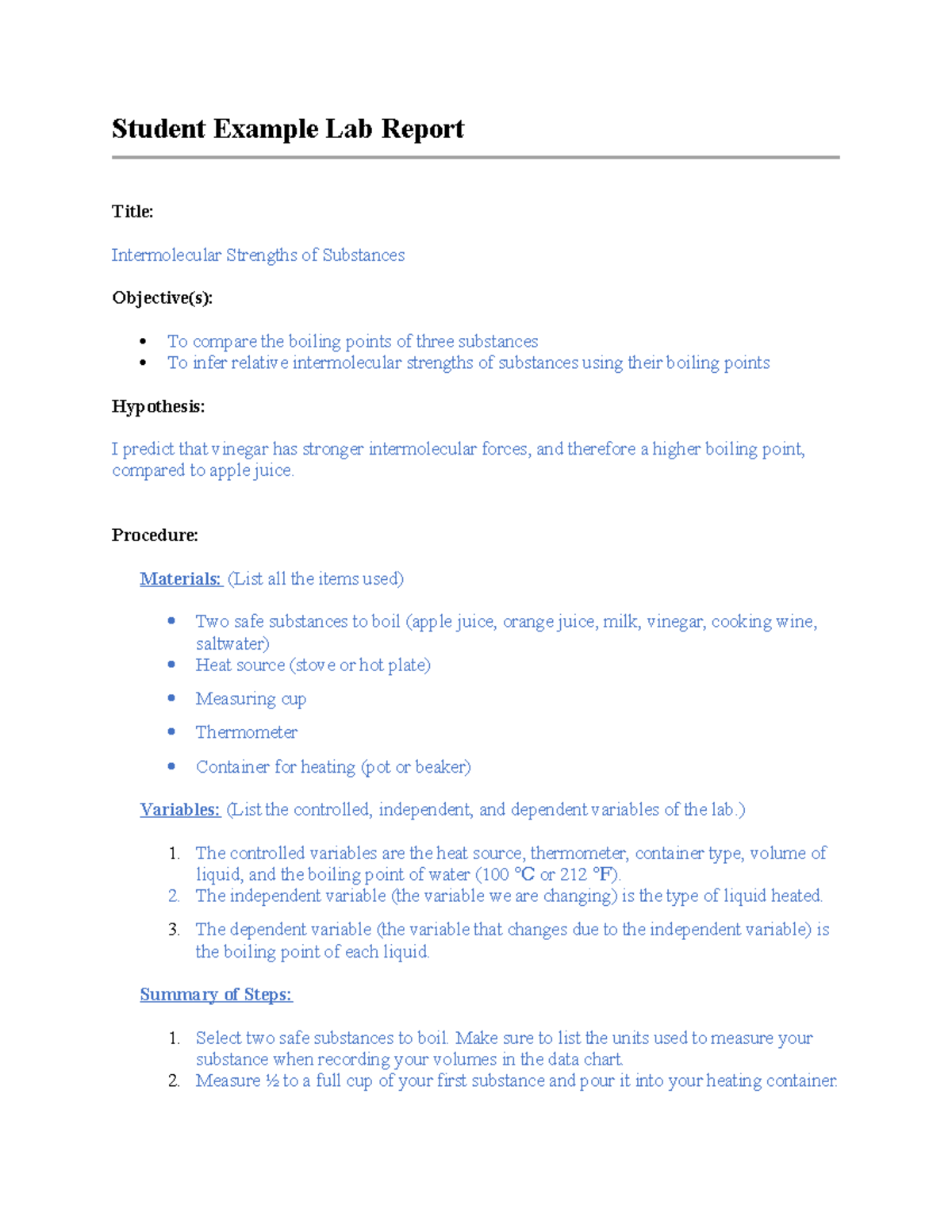 Student example lab report chemistry - Student Example Lab Report Title ...