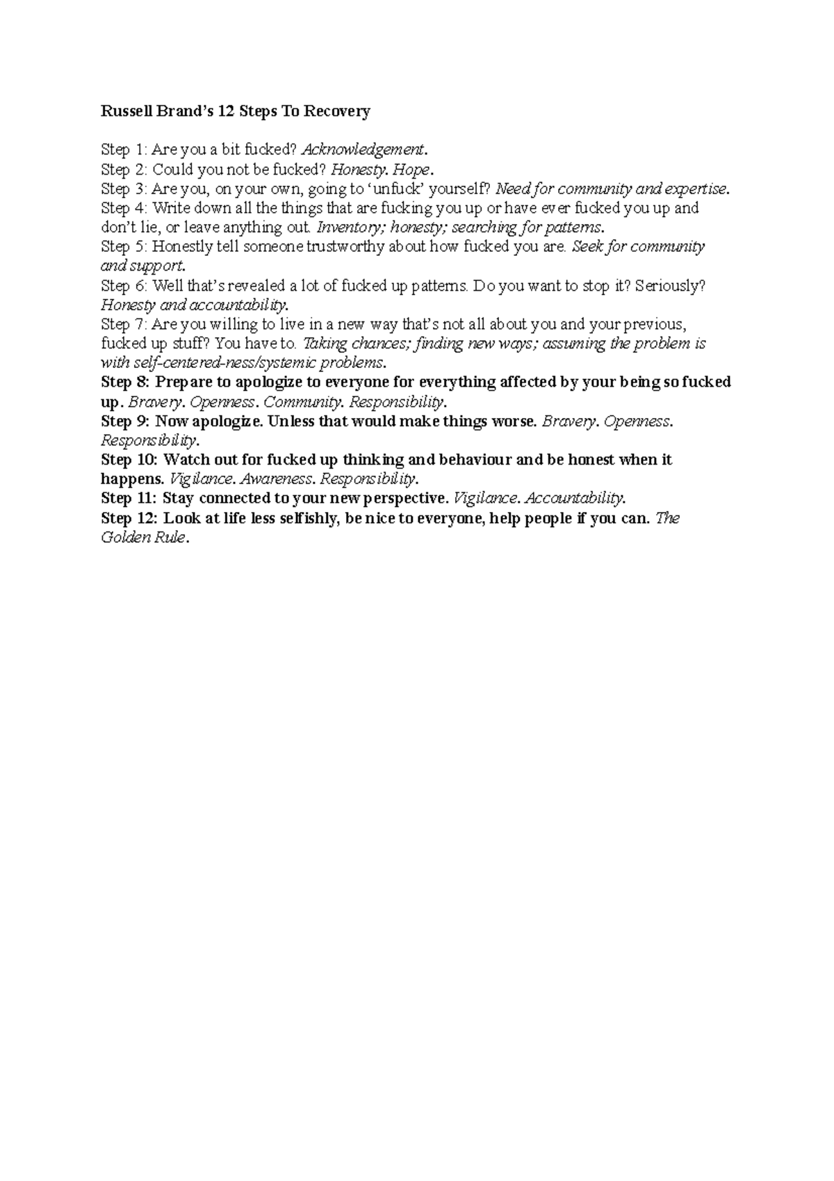 12 Steps to Recovery: Russell Brand's Guide to Healing - Studocu