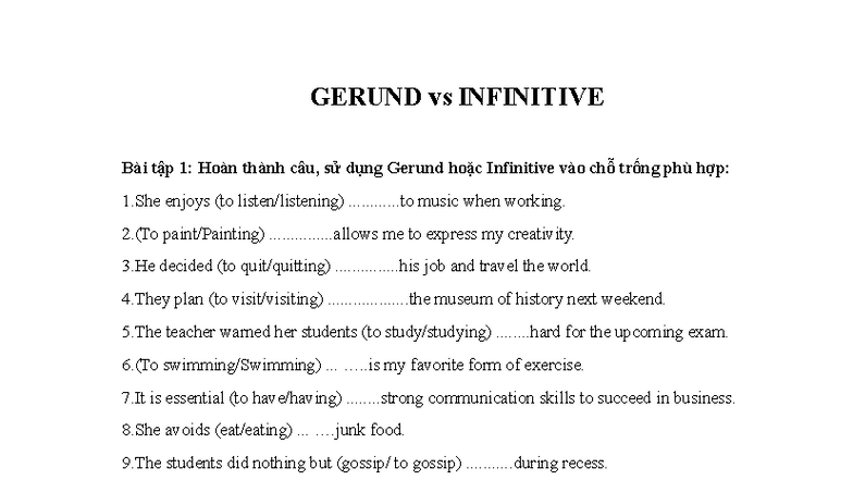 GERUND vs INFINITIVE Exercises - English Grammar Practice - Studocu
