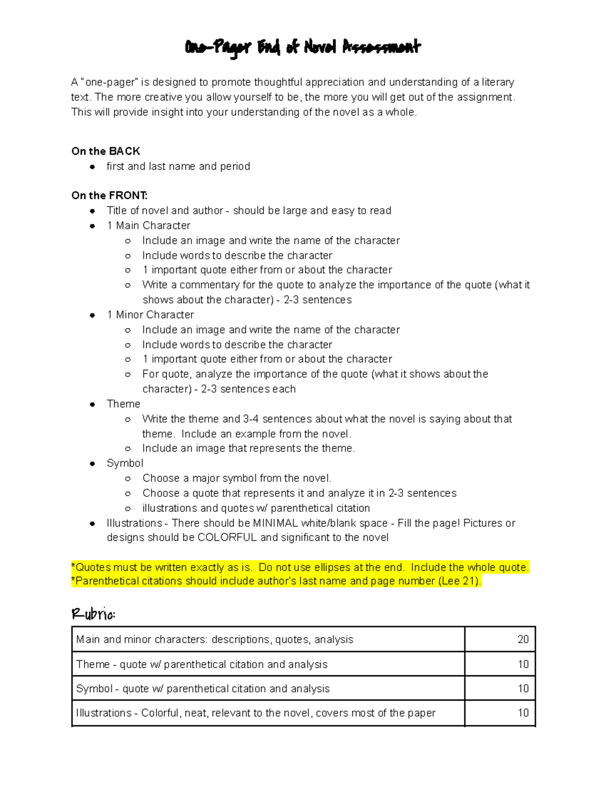 One-Pager Novel Analysis Summary Assessment Guide - Studocu