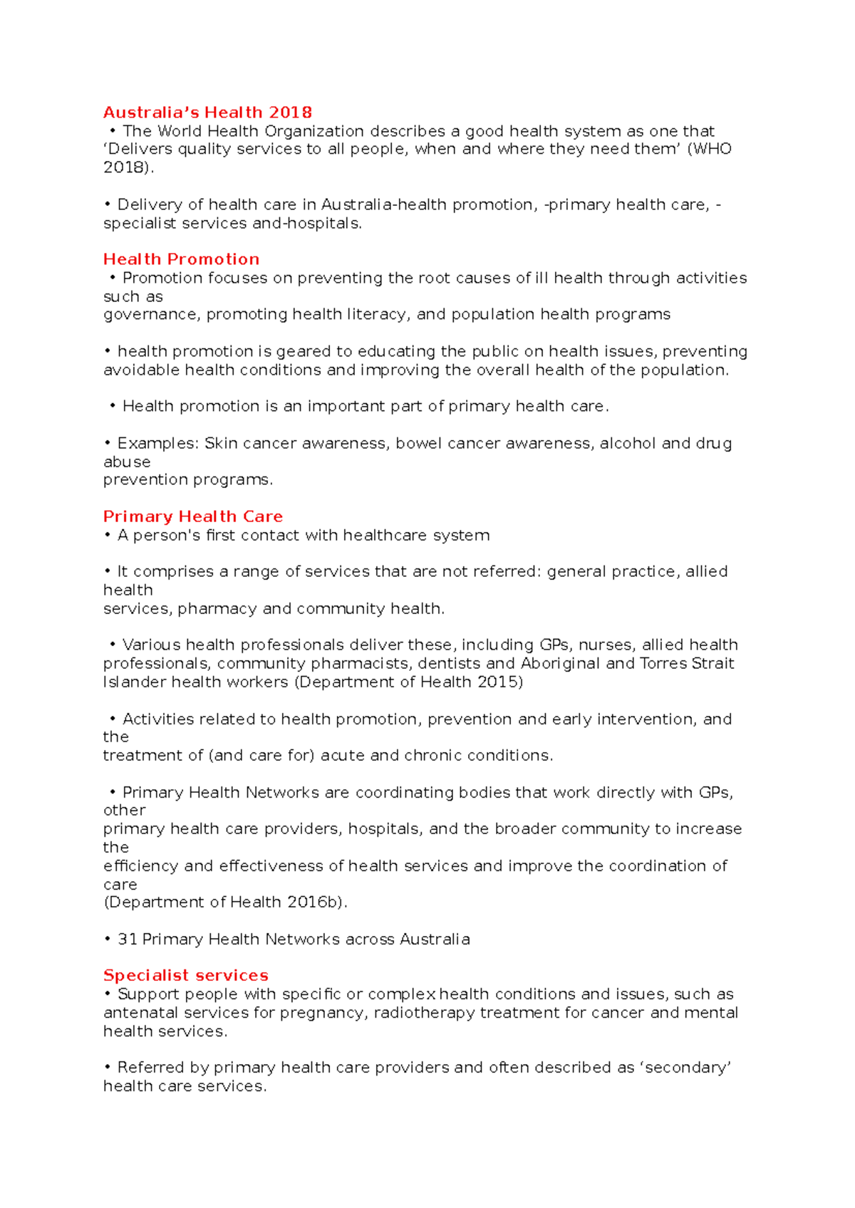 Health 2018: Overview of Australia's Health System and Promotion - Studocu