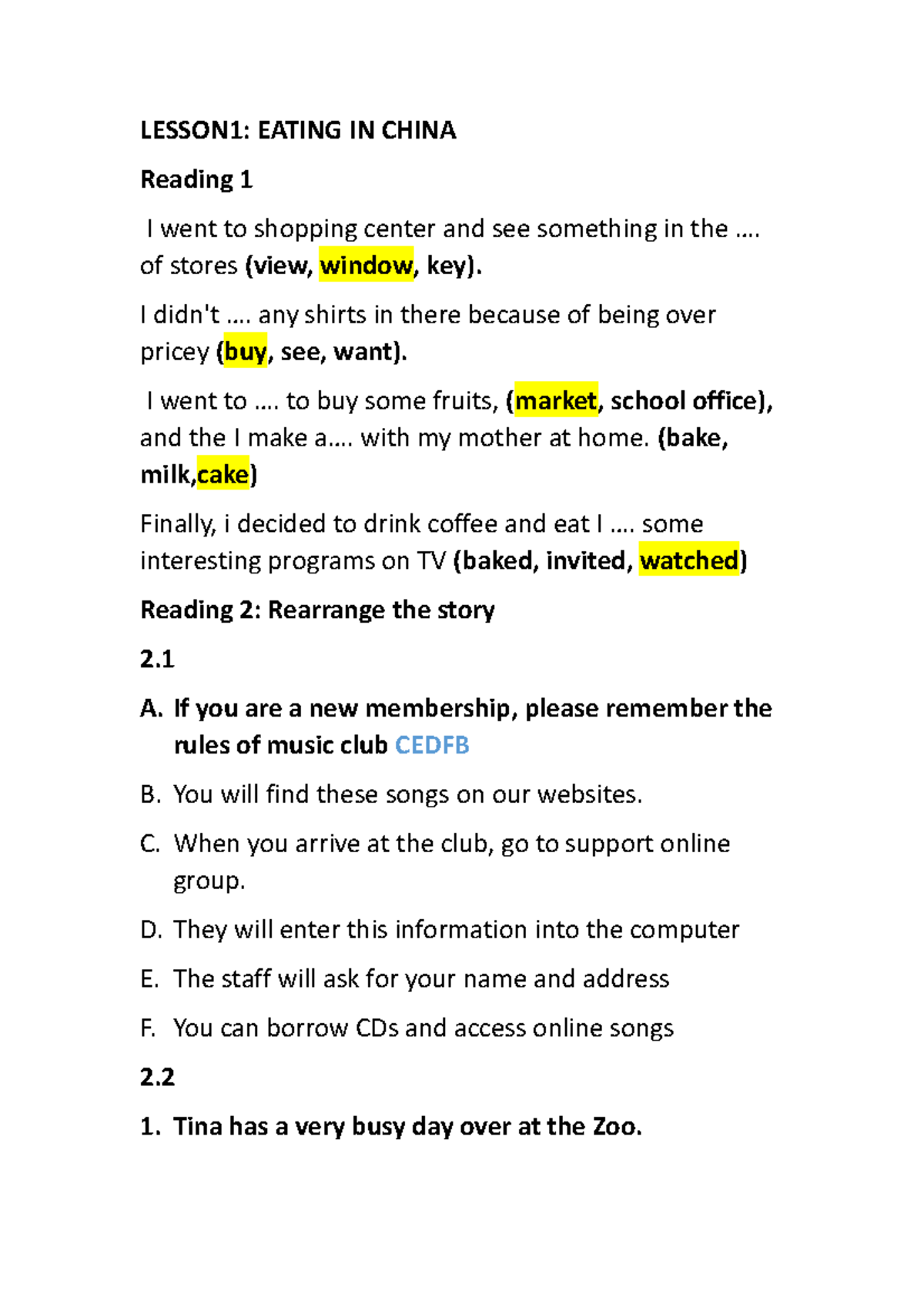 Reading Practice 3 4 - tiếng anh - LESSON1: EATING IN CHINA Reading 1 I ...