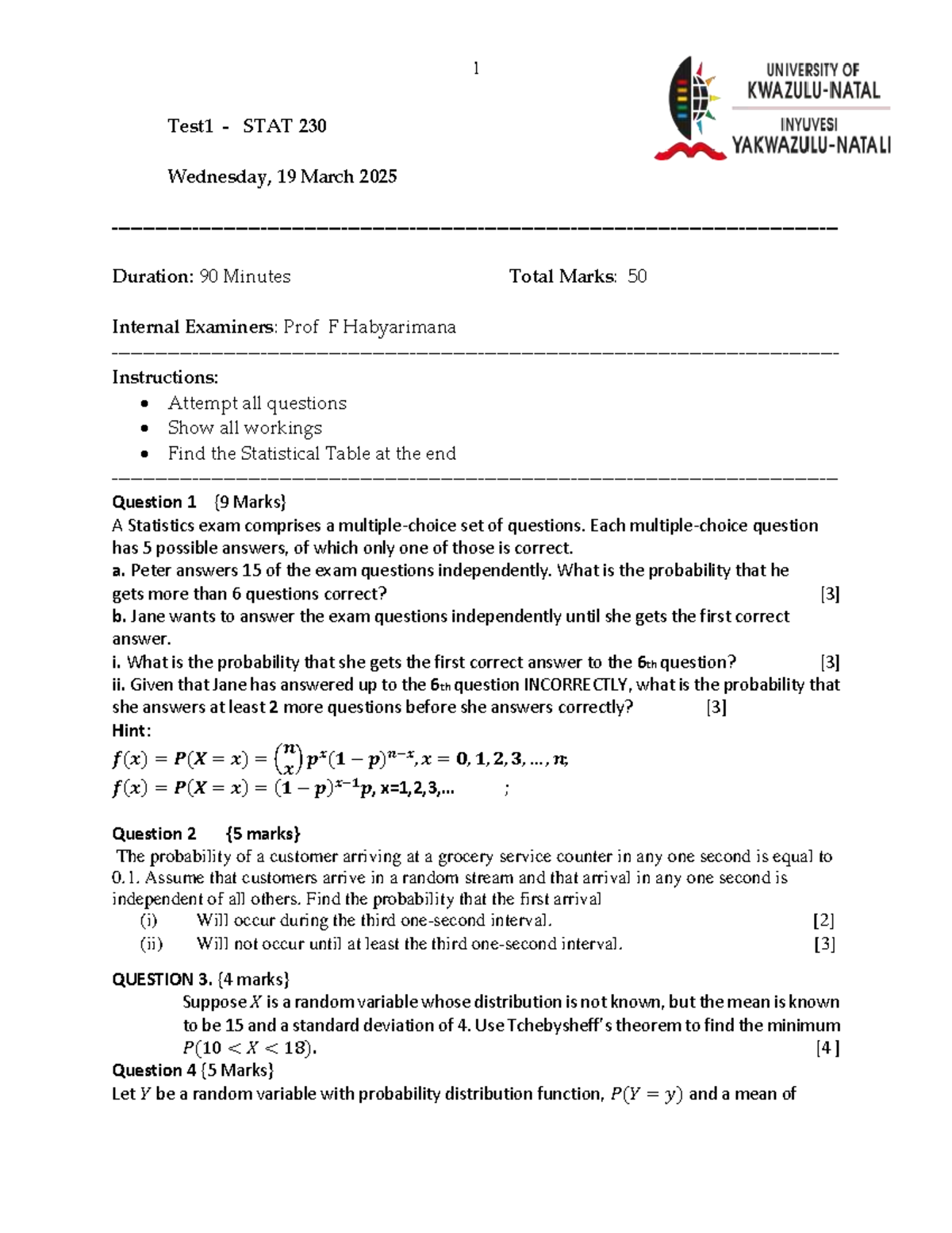 Test 1 Questions for STAT 230 - March 19, 2025 - Studocu