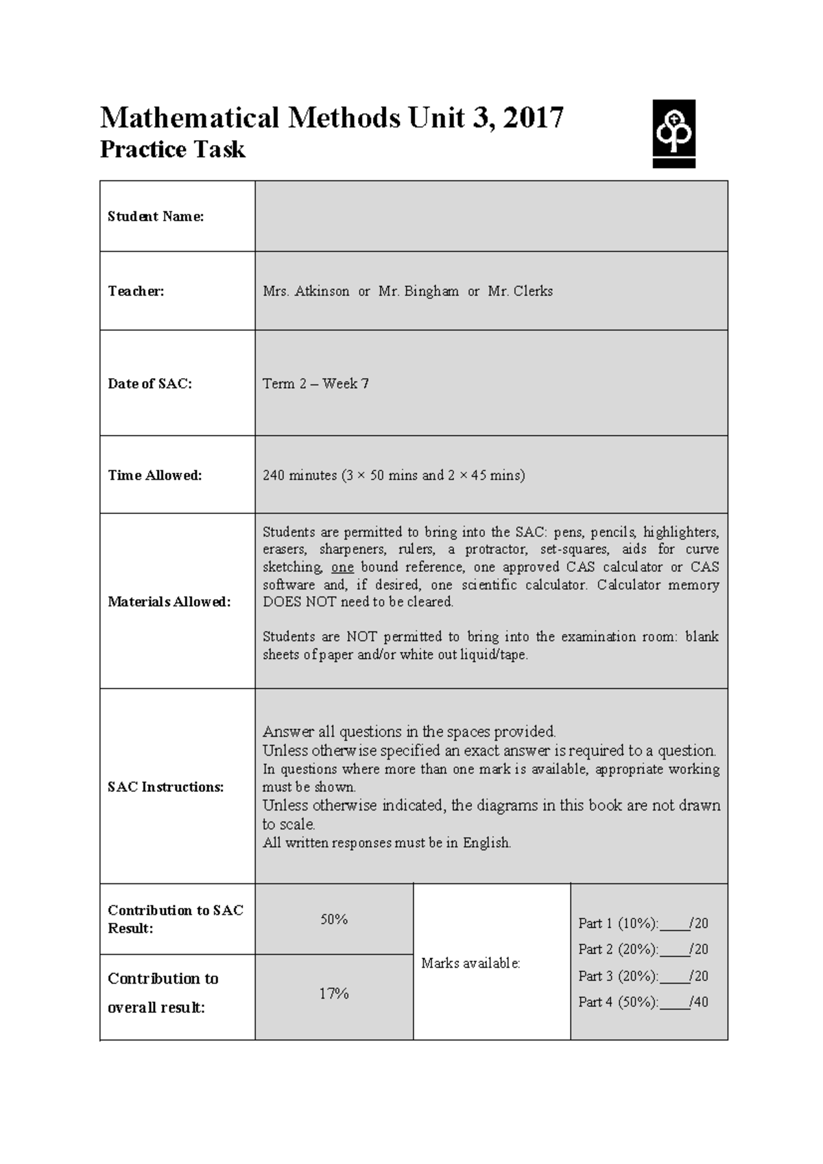 Practice SAC 2017 - U3 AOS1 Mathematical Methods Exam - Studocu