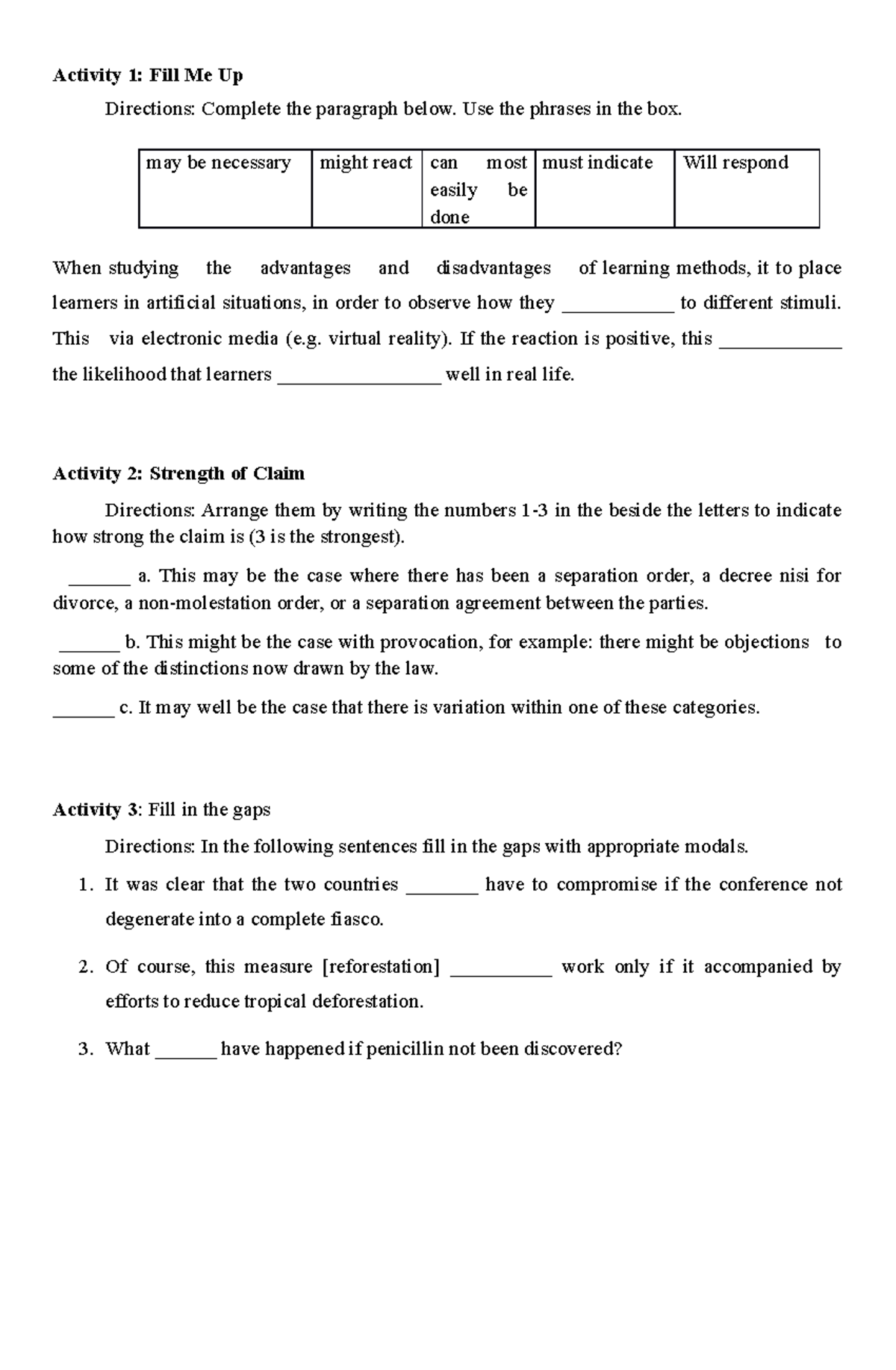 Activity 1 - Activity 1: Fill Me Up Directions: Complete the paragraph below. Use the phrases in ...
