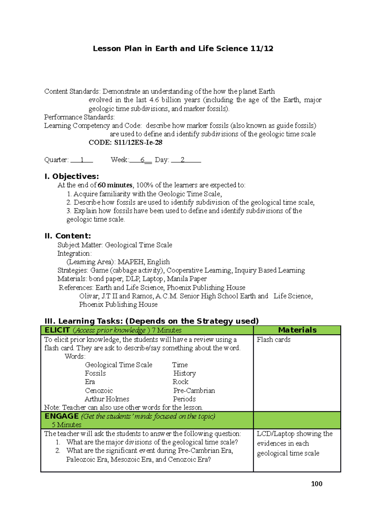 LC 28 - Earth and Life Science Lesson Plan on Geological Time Scale ...
