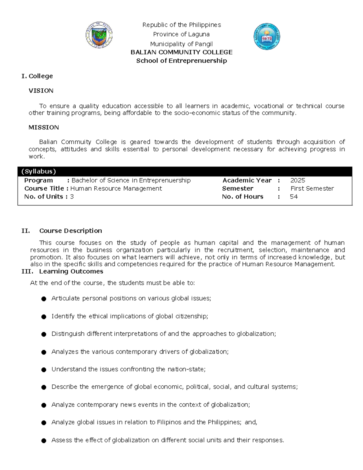 BCC-Syllabus-BSE 3-1ST SEM-HRM: Human Resource Management Overview ...