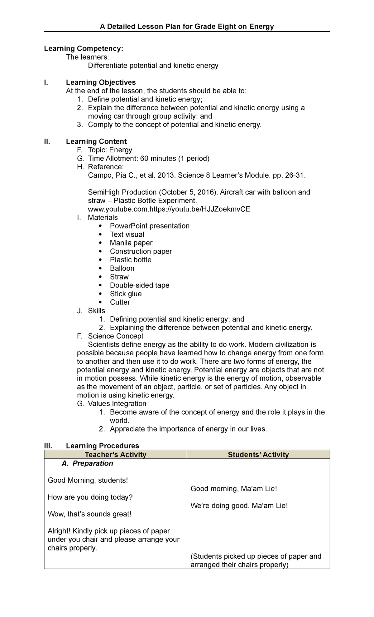 Detailed Lesson Plan on Energy: Potential vs Kinetic (Science 8) - Studocu