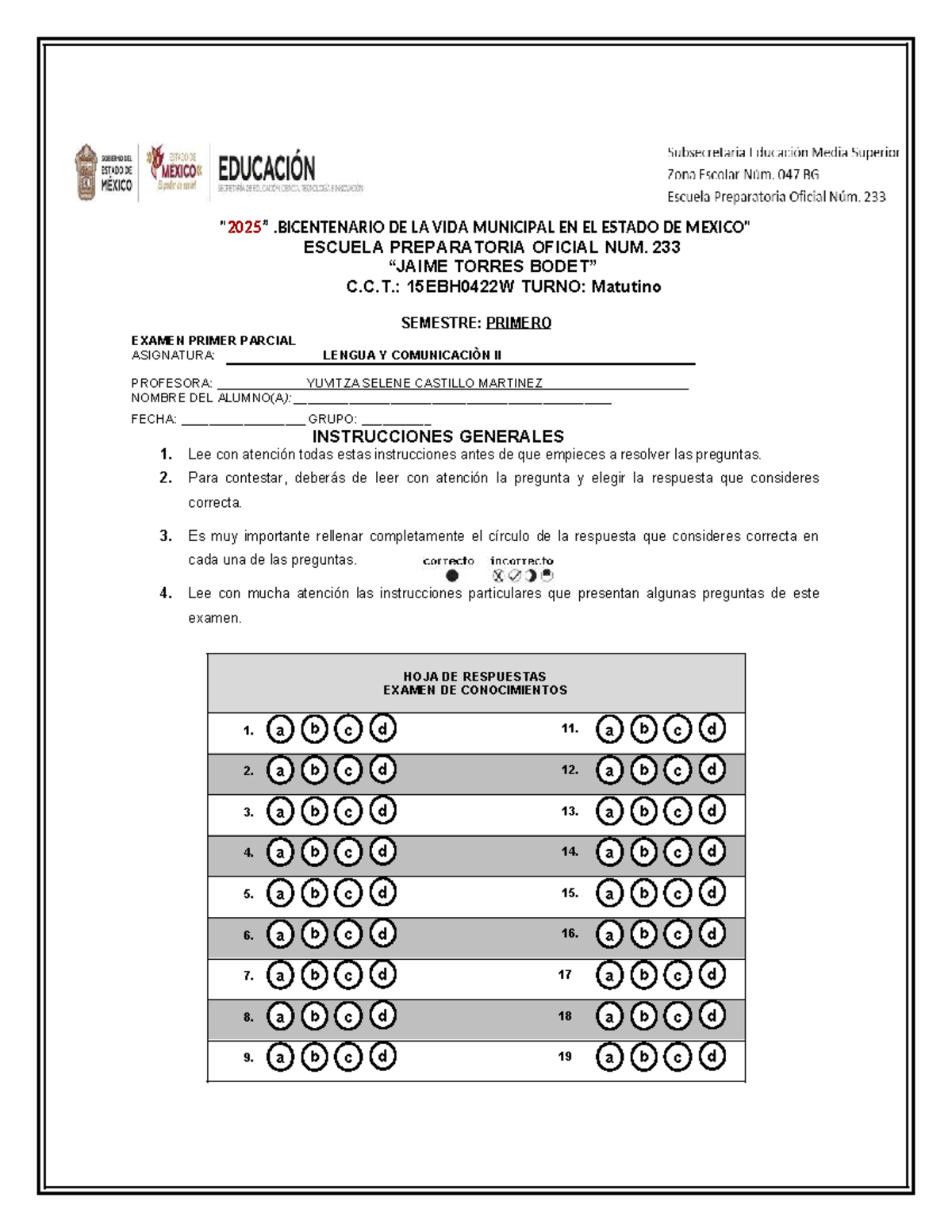 Examen 1er Parcial Lengua y Comunicación II - Preparatoria 233 - Studocu