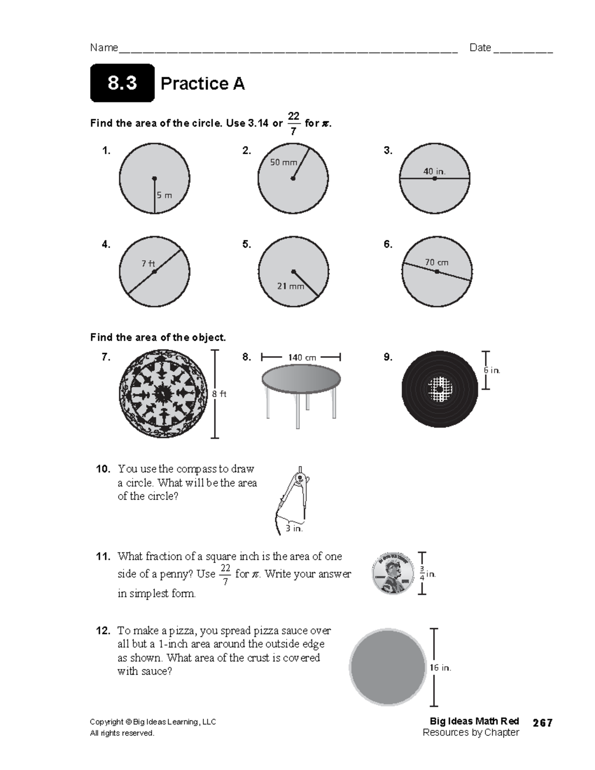 8.3 Area of Circles Practice A - Copyright © Big Ideas Learning, LLC ...
