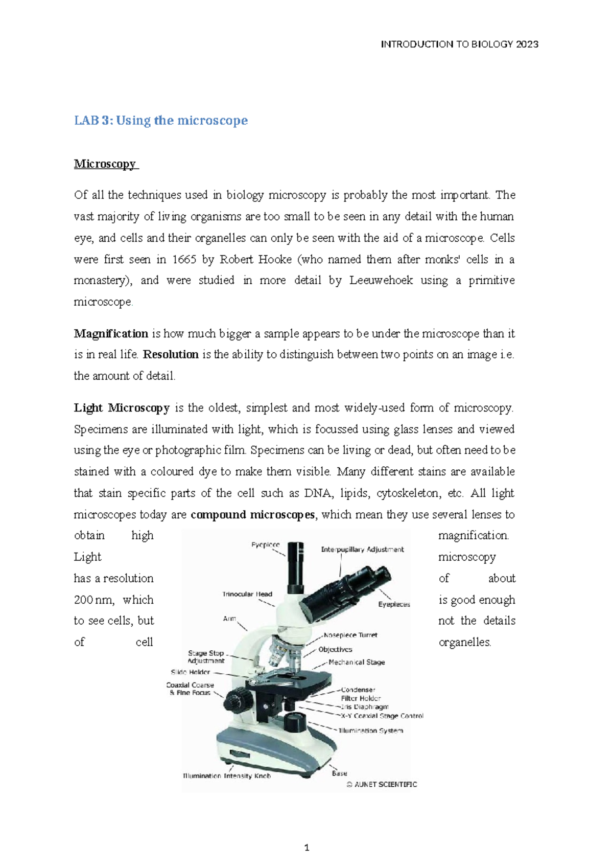Biology Lab Report: Microscopy Techniques and Observations (BIO 101) - Studocu