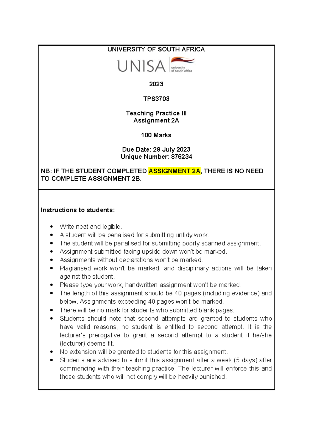 Tps3703 Teaching Practice Assignment 2a & 2b Overview And Guidelines