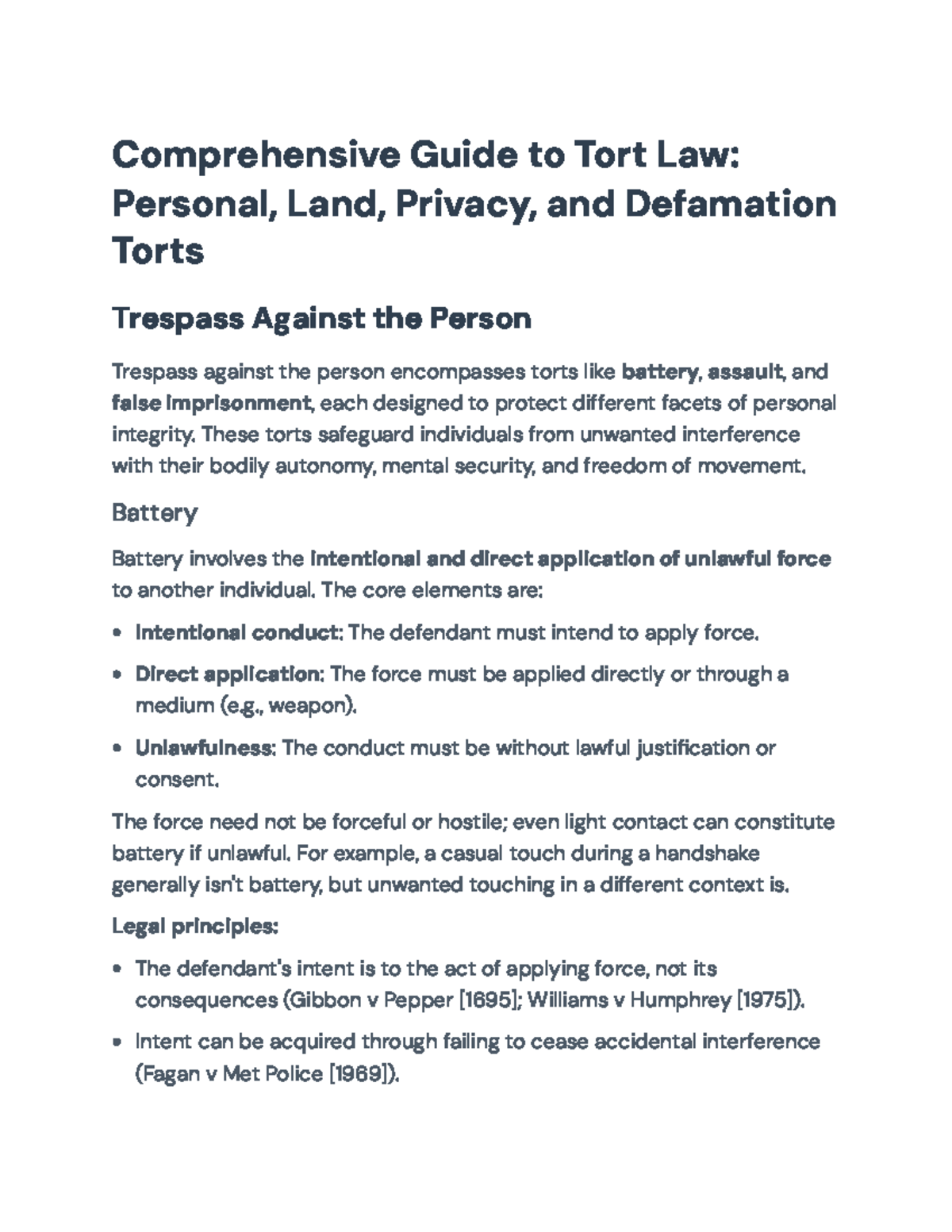Comprehensive Overview of Tort Law: Personal, Land, Privacy ...