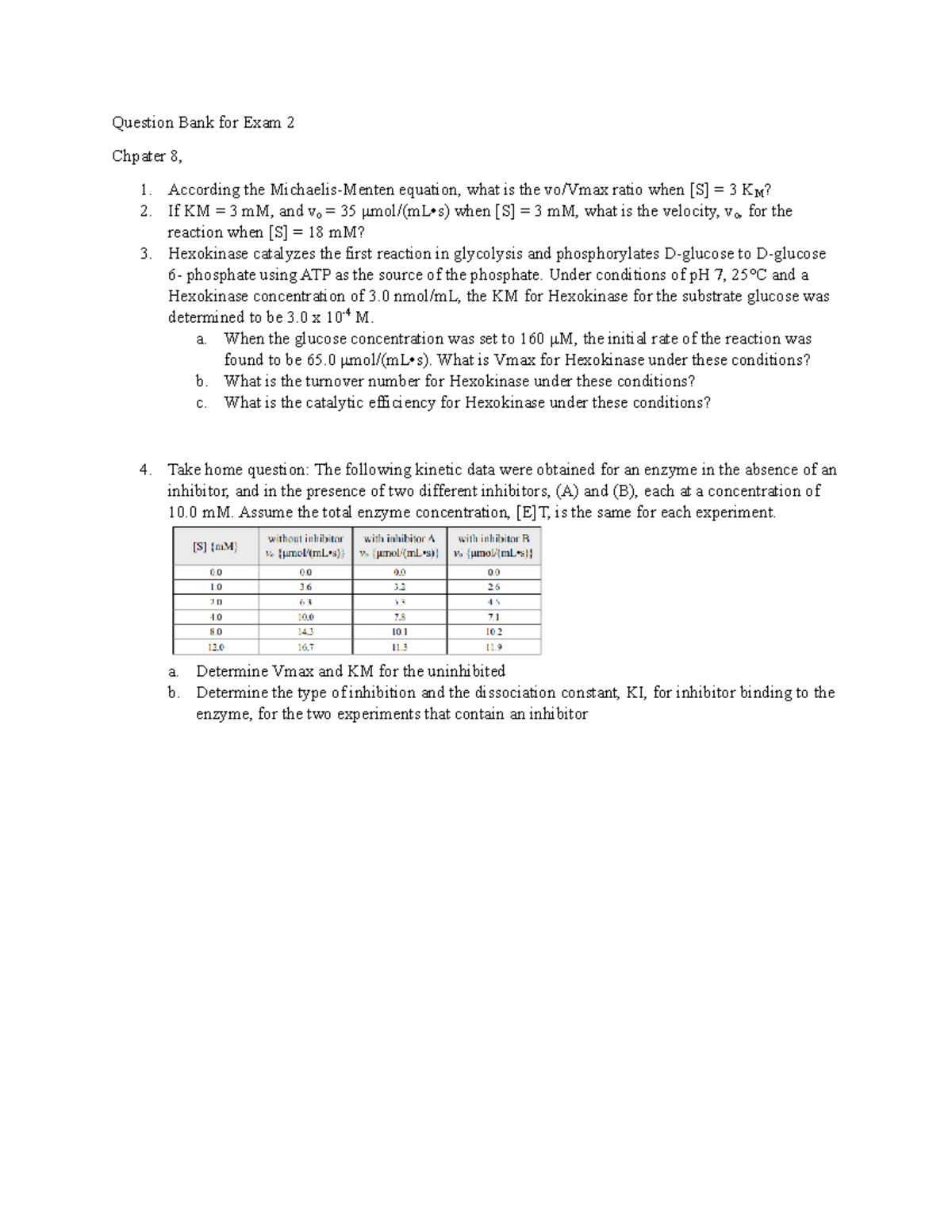Question Bank for Exam 2: Enzyme Kinetics and Metabolism Concepts - Studocu