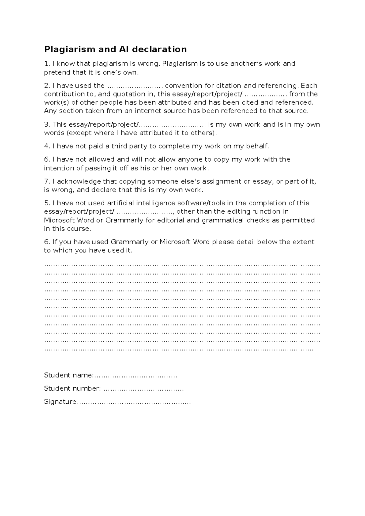 Plagiarism declaration for course submission and AI usage guidelines - Studocu