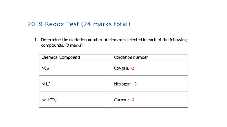 2019 Redox Test Solutions - Chemistry (24 Marks Total) - Studocu