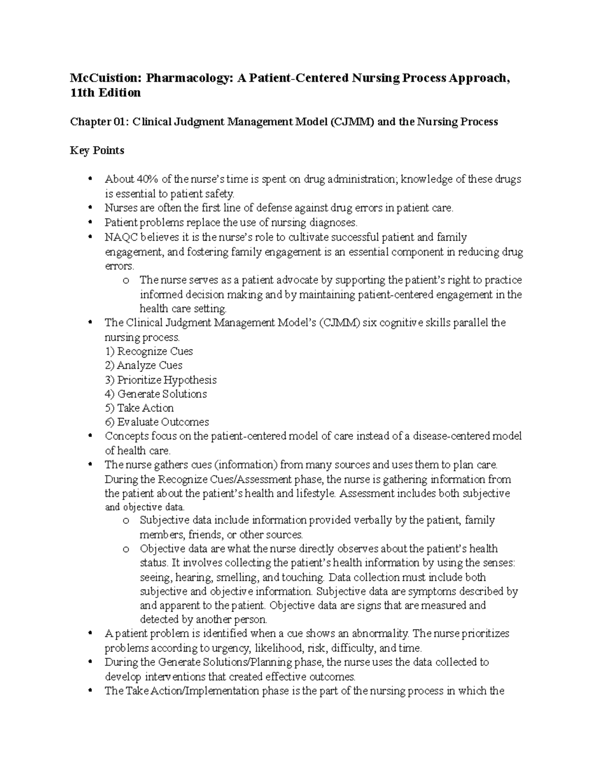 Pharmacology CH01: Clinical Judgment Management Model & Nursing Process ...