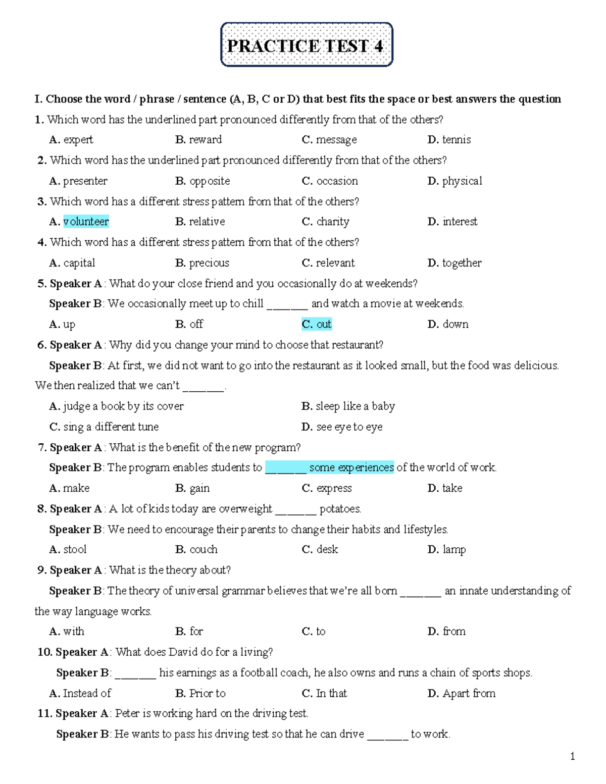 Practice Test 4 - PT4: Vocabulary & Grammar Exercises - Studocu