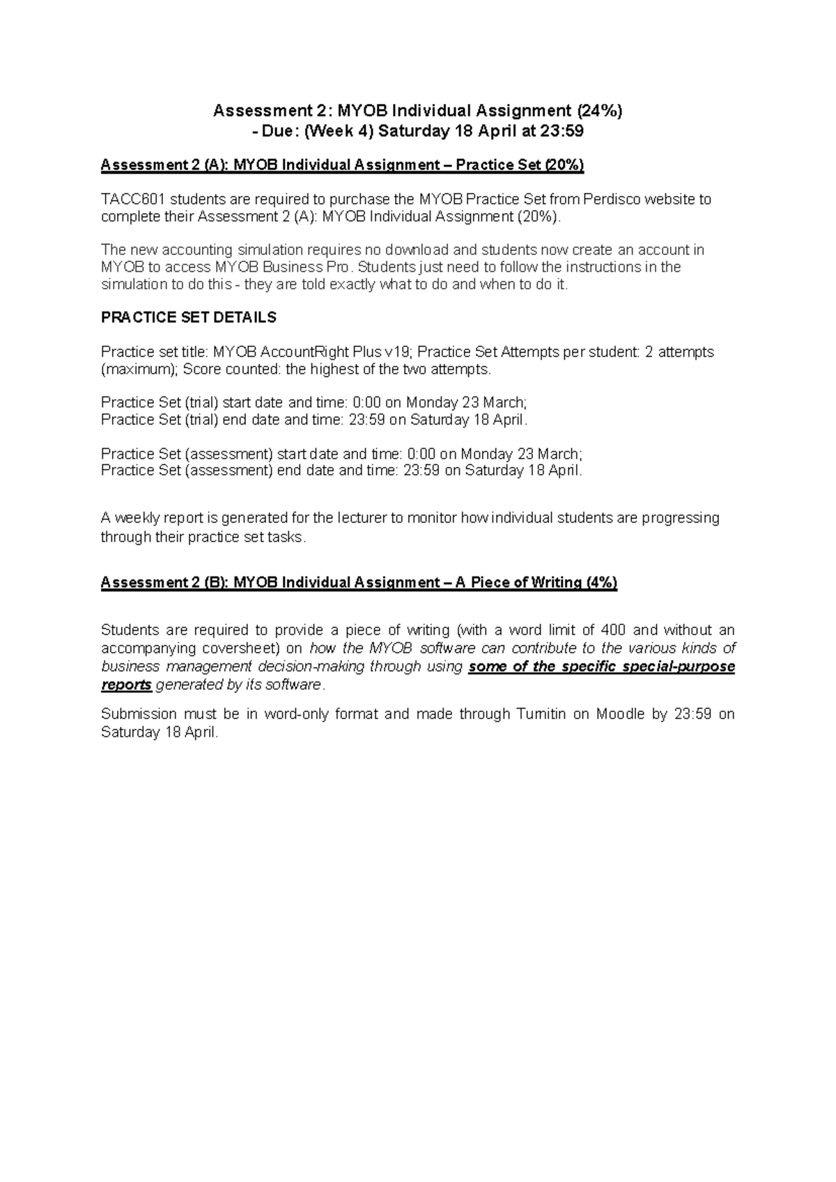 Assessment 2: MYOB Individual Assignment Details TACC601 - Studocu