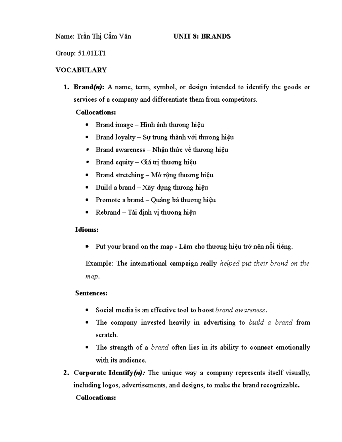 UNIT 8: BRANDS Vocabulary Notes for Group 51.01LT1 - Studocu