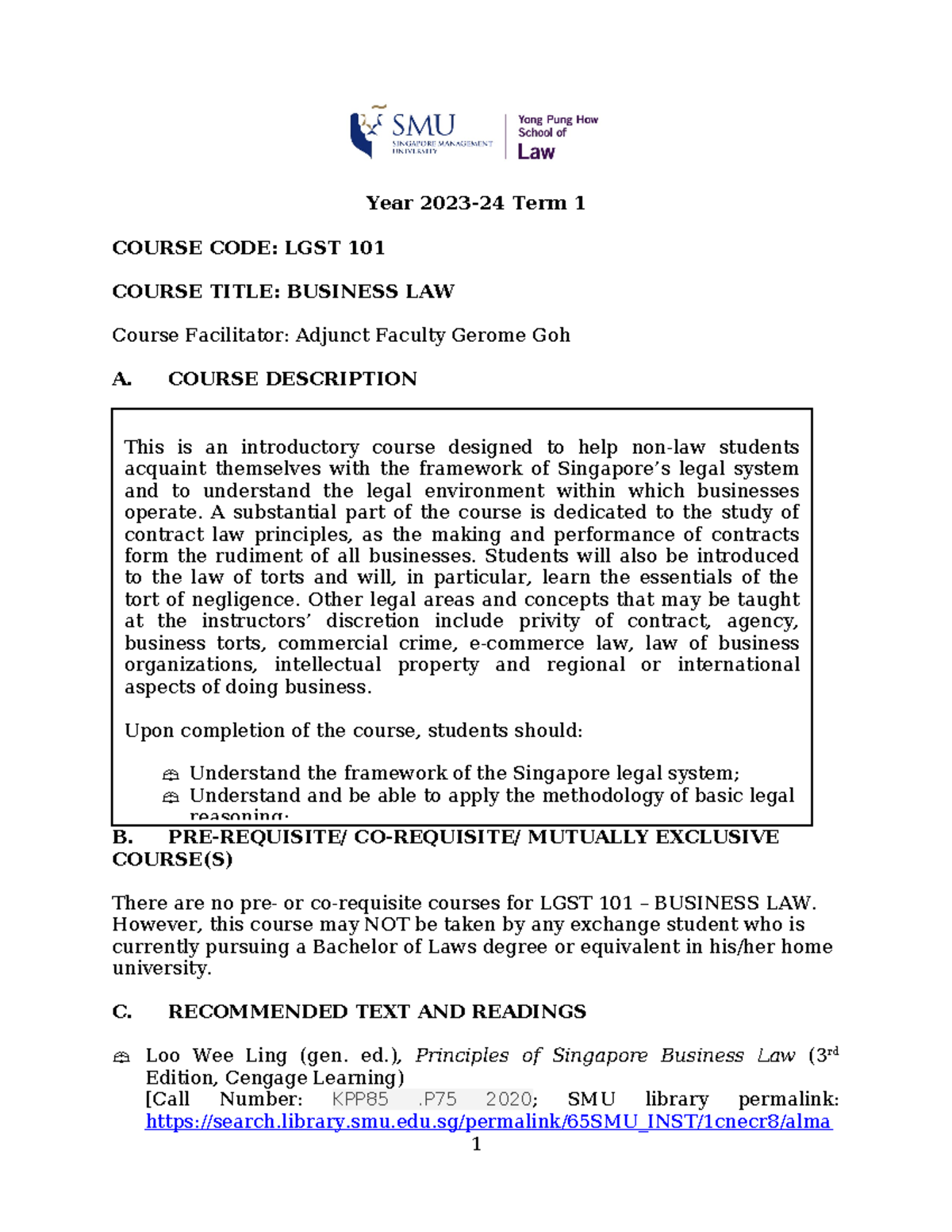 LGST 101 Business Law Course Outline (Term 1, 2023-24) - Studocu