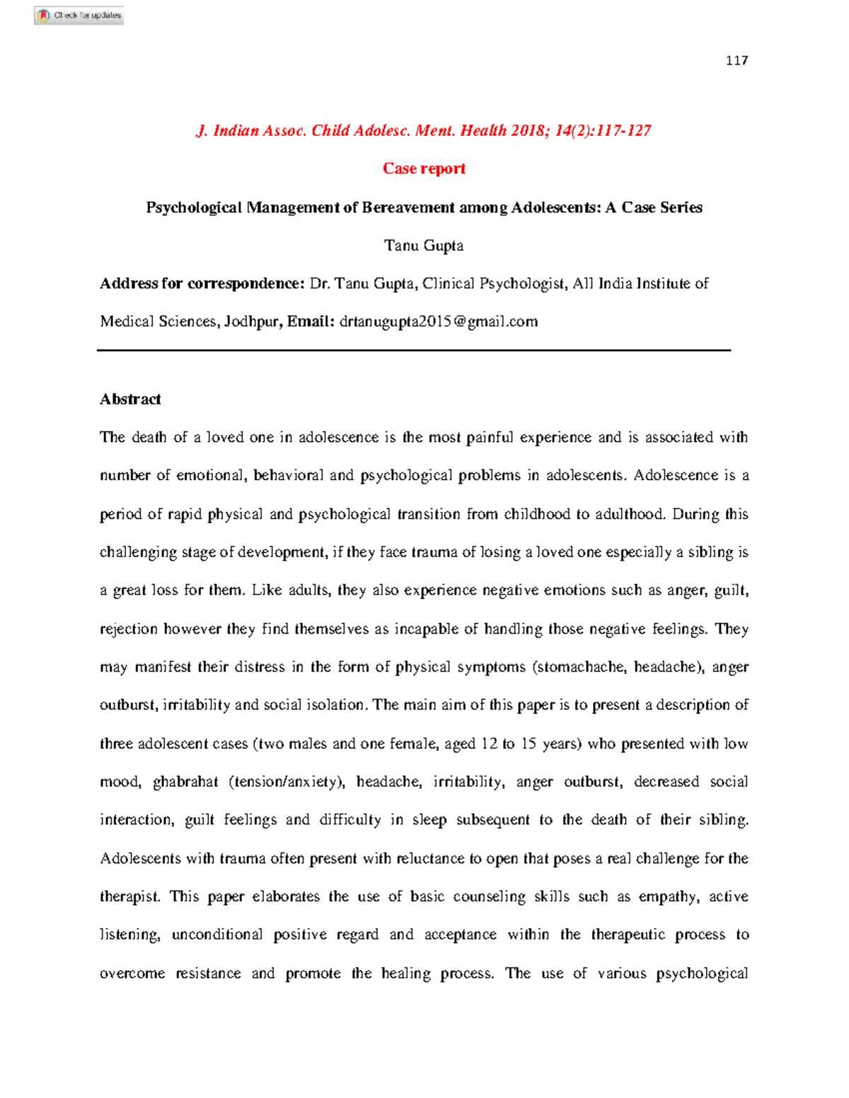 Psychological Management of Adolescent Bereavement: A Case Study Series ...