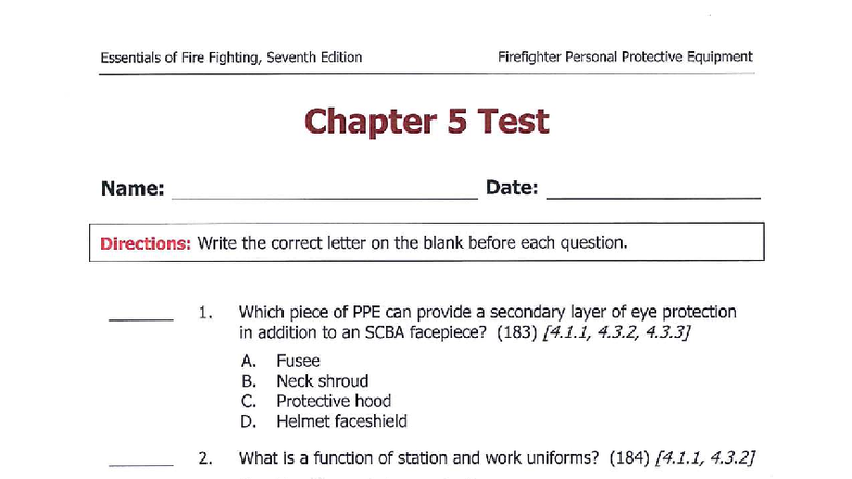 Chapter 5 Test: Firefighter Personal Protective Equipment (FF I) - Studocu