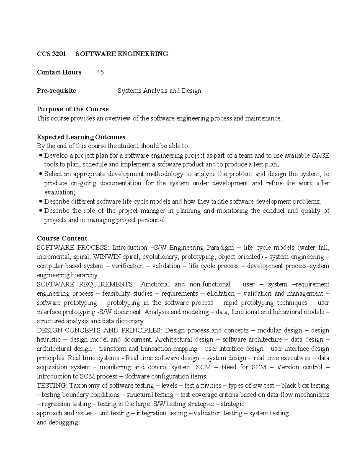 CCS 3201 Software Engineering: Course Overview and Learning Outcomes ...