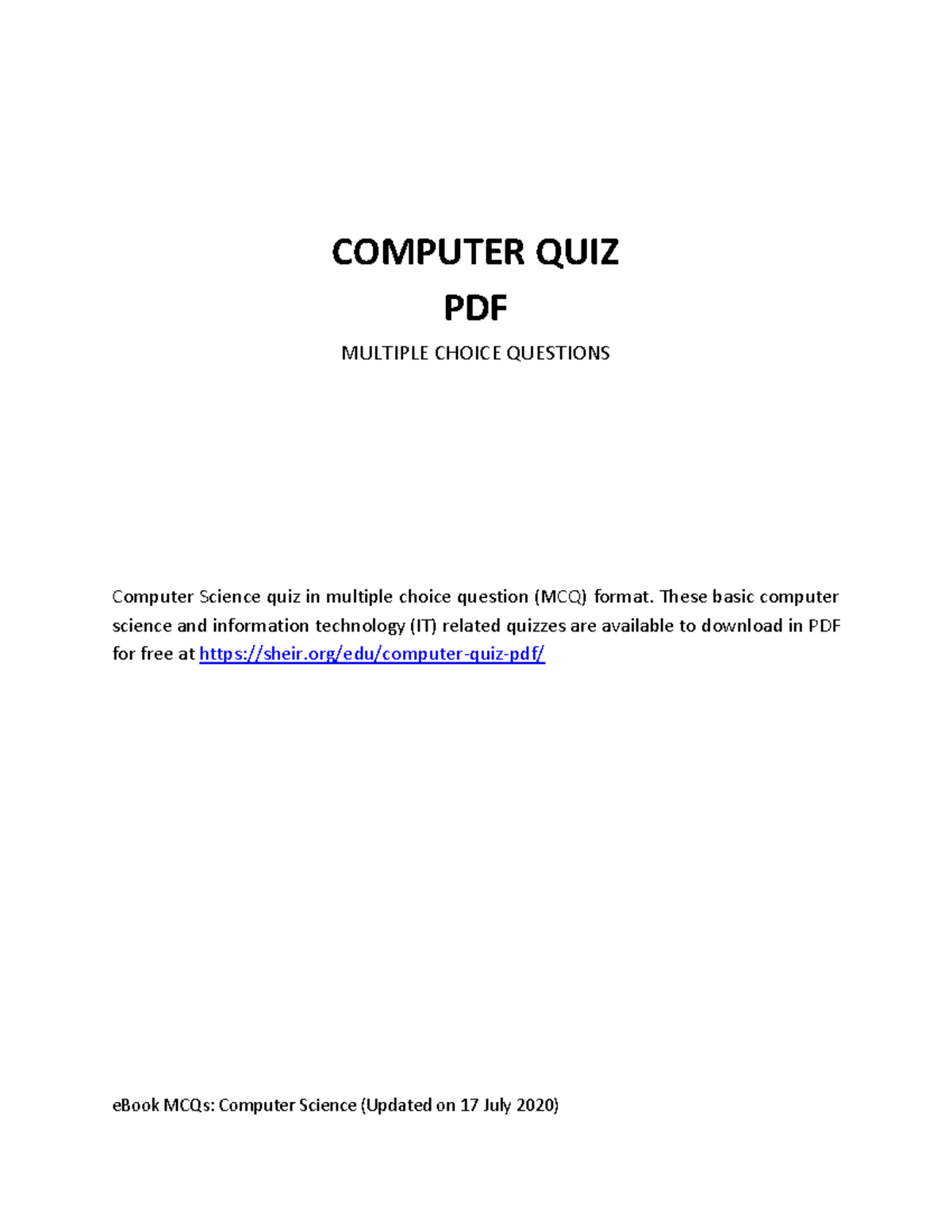 Computer Science Quiz - MCQ Format (PDF) - Studocu