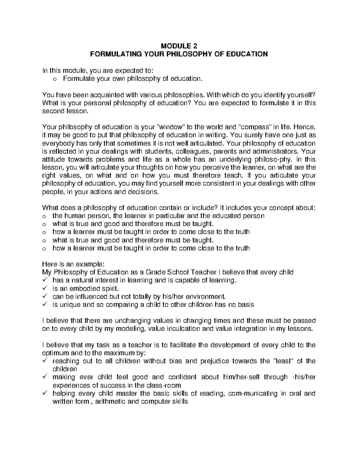 Module 2 Crafting Your Personal Philosophy Of Education Studocu