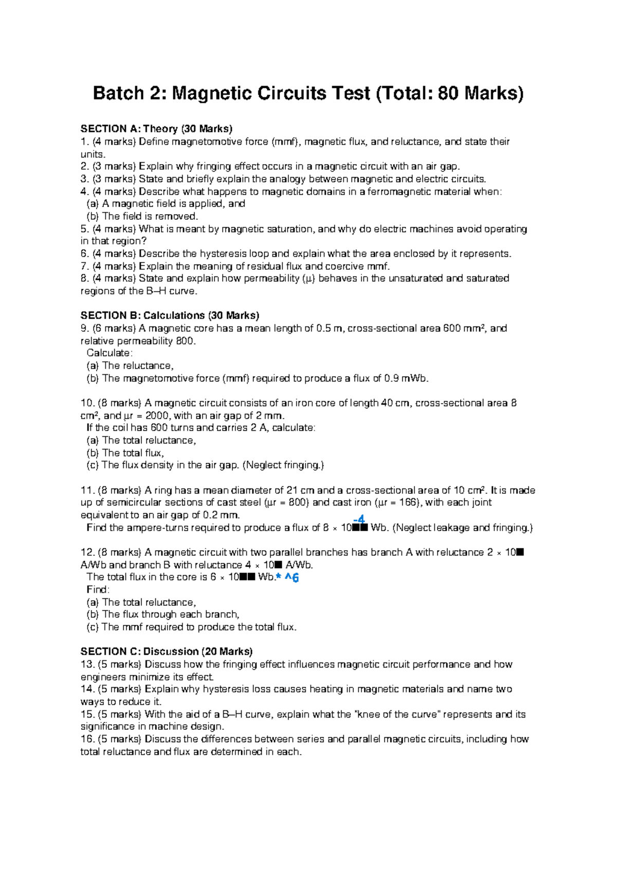 Batch 2: Magnetic Circuits Test Questions and Solutions - Studocu